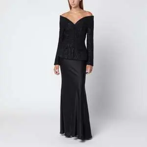 SELF-PORTRAIT Long Dress In Metallic Bouclé Satin - Black