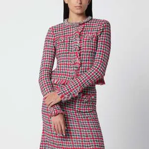 SELF-PORTRAIT Fringed Checked Knit Jacket - Red