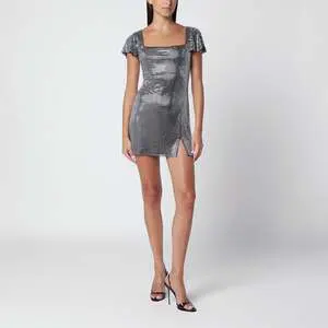 SELF-PORTRAIT Gray Mesh Mini Dress With Rhinestones