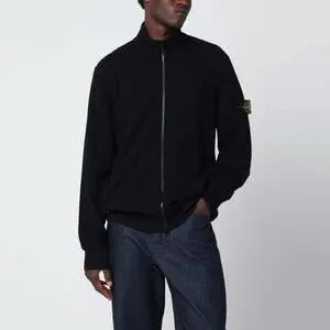 Stone Island Zip-up Sweater In Pure Wool - Black