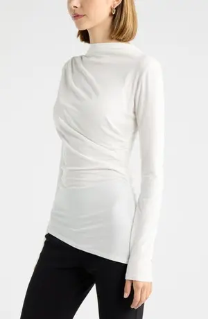OPEN EDIT Ruched Asymmetrical Mock Neck Top - Ivory