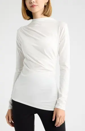 OPEN EDIT Ruched Asymmetrical Mock Neck Top - Ivory