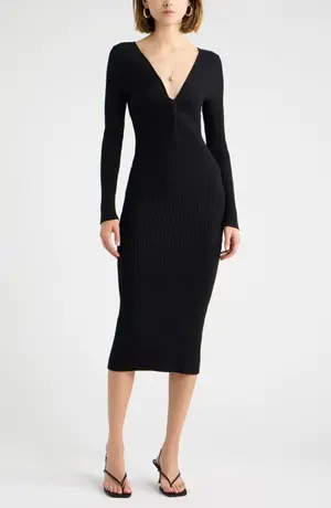 OPEN EDIT Knot Front Long Sleeve Sweater Dress - Black