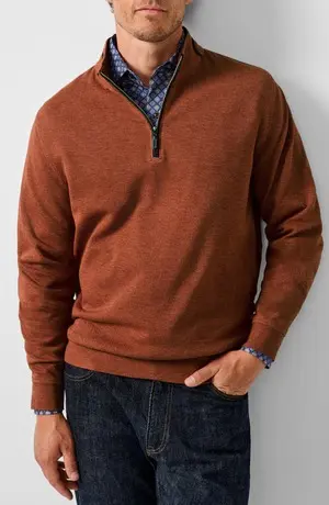David Donahue Smythson Cotton Blend Quarter Zip Sweater - Brick