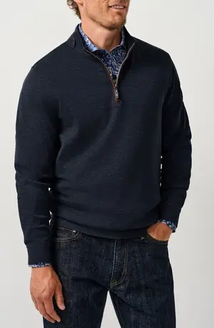 David Donahue Smythson Cotton Blend Quarter Zip Sweater - Navy