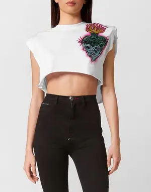 Philipp Plein Shoulder Pads Cropped Top Love Tattoo - White