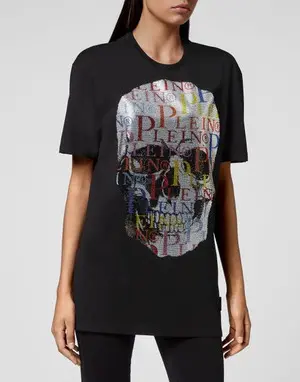 Philipp Plein T-shirt Round Neck Ss Multicolor Skull With Crystals - Black