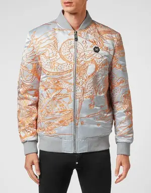 Philipp Plein Satin Bomber Skeleton Tattoo Men Grey