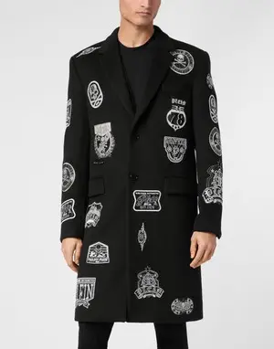 Philipp Plein Wool Long Coat With Patches - Black