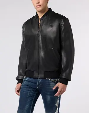 Philipp Plein Leather Bomber Dragon Skull - Black
