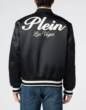 Philipp Plein Shiny Satin Varsity Bomber Signature Las Vegas