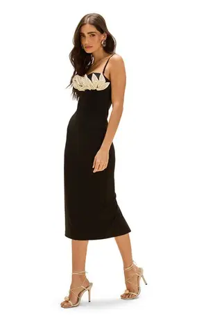 PatBO Selene Mesh Flower Applique Midi Dress