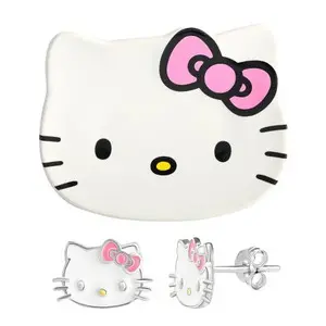 HELLO KITTY 925 Sterling Silver Enamel Stud Earrings & Mini Trinket Tray