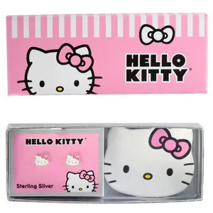 HELLO KITTY 925 Sterling Silver Enamel Stud Earrings & Mini Trinket Tray