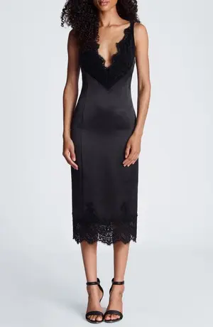 KENNETH COLE COLLECTION Contrast Lace Trim Satin Midi Dress