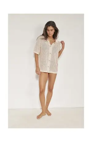 BEACH LIFE BY GOTTEX Robbie Crochet Collared Beach Top - Beige