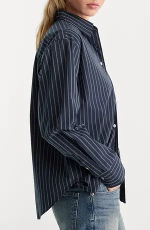 Good American Poplin Easy Striped Cotton Shirt - Navy Stripe