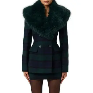 Naked Wardrobe Plaid Faux Fur Collar Wool Blend Blazer - Emerald