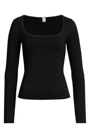 Bp. Lace Trim Square Neck Long Sleeve Top Black