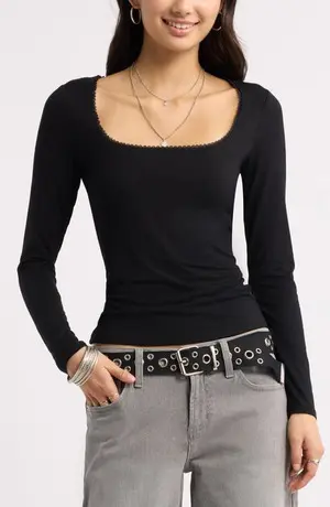 Bp. Lace Trim Square Neck Long Sleeve Top - Black
