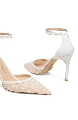 STUART WEITZMAN Powerstrap Leather & Lace Pointed Toe Pump