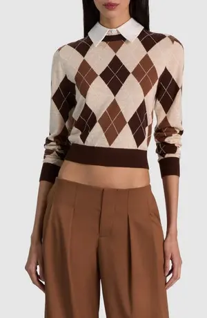 Alice + Olivia Grace Shrunken Houndstooth Sweater - Camel/multi