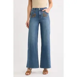 CITY BLUES Stud Embroidered Wide Leg Jeans - Medium Indigo