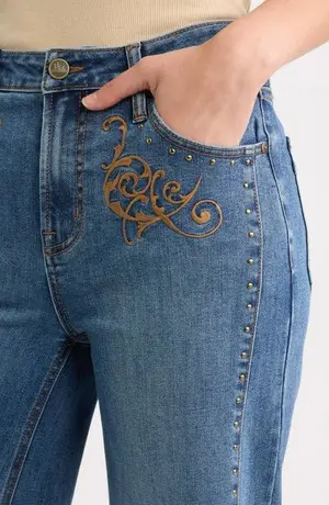 CITY BLUES Stud Embroidered Wide Leg Jeans
