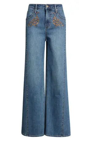CITY BLUES Stud Embroidered Wide Leg Jeans