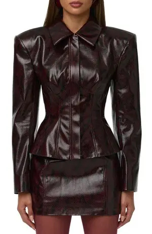 Naked Wardrobe Python Embossed Faux Leather Blazer - Burgundy Python