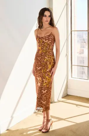 HELSI Sequin Lace Overlay Cocktail Midi Dress