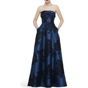 Alfred Sung Sara Floral Lace Strapless Satin Gown - Soft Navy/black