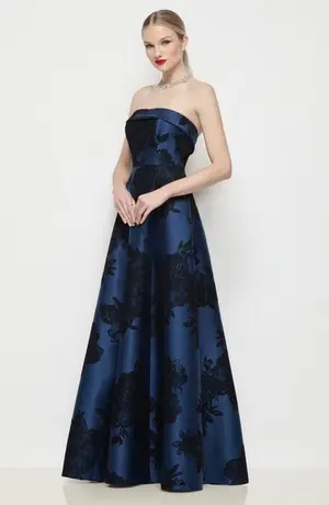 Alfred Sung Sara Floral Lace Strapless Satin Gown