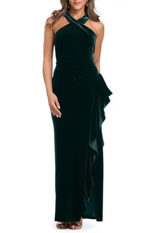 XSCAPE EVENINGS Ruffle Sleeveless Velvet Gown - Hunter