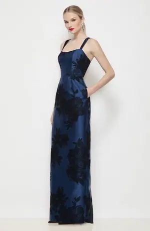 Alfred Sung Linden Floral Lace Matte Satin Gown