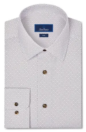 David Donahue Trim Fit Geometric Print Cotton Dress Shirt - White/chocolate