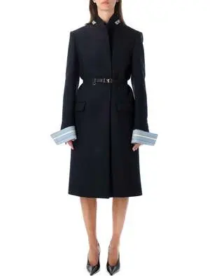 Prada Double-weave Wool Single-breasted Tailored Jacket With Jeweled Stand Collar & Leather Belt