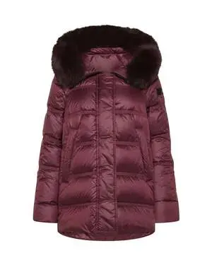 Peuterey Hooded Down Puffer Coat With Fur Trim - Rosso Prugna