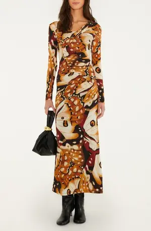 Farm Rio Borbofly Asymmetric Neck Long Sleeve Maxi Dress