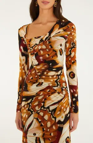 Farm Rio Borbofly Asymmetric Neck Long Sleeve Maxi Dress