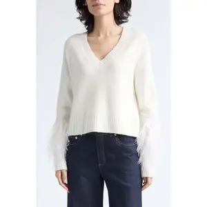 Cinq À Sept Brianne Ostrich Feather Cuff V-neck Sweater - Ivory