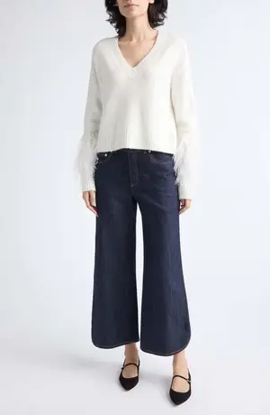 Cinq À Sept Brianne Ostrich Feather Cuff V-neck Sweater