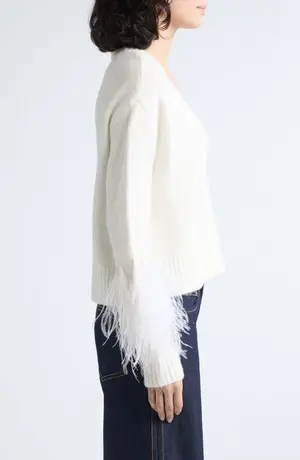 Cinq À Sept Brianne Ostrich Feather Cuff V-neck Sweater