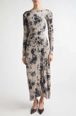 Lela Rose Floral Printed Draped Jersey Midi Dress
