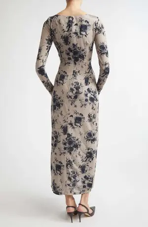 Lela Rose Floral Printed Draped Jersey Midi Dress