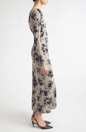 Lela Rose Floral Printed Draped Jersey Midi Dress