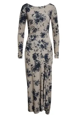 Lela Rose Floral Printed Draped Jersey Midi Dress