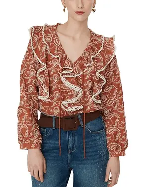 JOVONNA LONDON Ruffled Printed Blouse - Brick