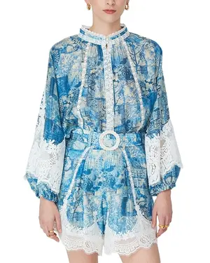 JOVONNA LONDON Long Sleeve Printed Lace Trim Blouse - Blue Pattern