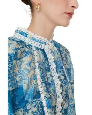 JOVONNA LONDON Long Sleeve Printed Lace Trim Blouse